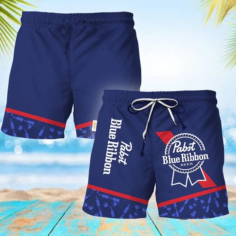 Pabst Blue Ribbon Bottle Pattern Swim Trunks | PBR Pool Shorts
