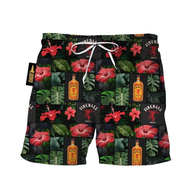 Fireball Tropical Hibiscus Flower Swim Trunks | Summer Shorts