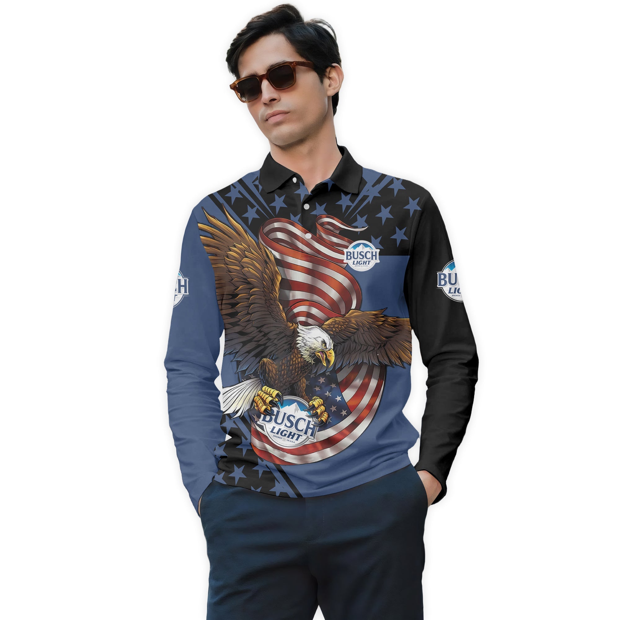 Busch Light USA Iron Wings Legion Golf Long Sleeve Polo Shirt
