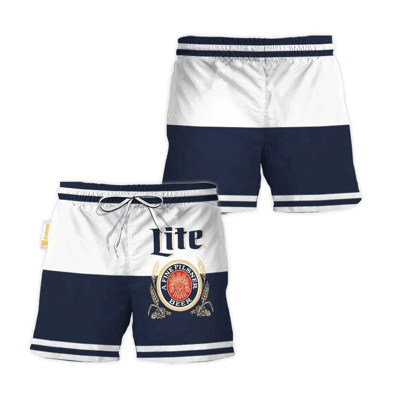 Miller Lite Blue And White Basic Swim Trunks | Hawaiian Shorts