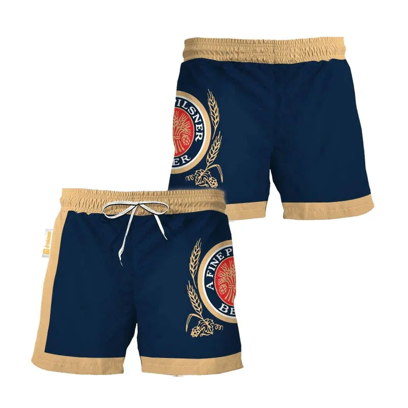 Miller Lite Blue Beige Basic Swim Trunks | Hawaiian Shorts