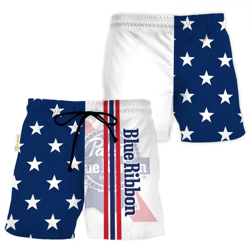 Pabst Blue Ribbon American Flag Swim Trunks | Hawaiian Shorts
