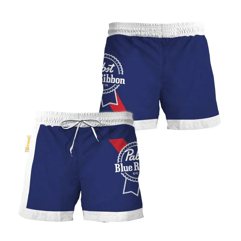 Pabst Blue Ribbon Blue White Basic Swim Trunks | Hawaiian Shorts